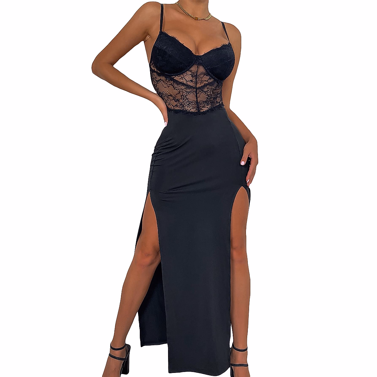 SOLY HUX Women's Sexy Lace Trim Split Hem Spaghetti Strap Cami Dress Long Maxi Dresses Solid Black L