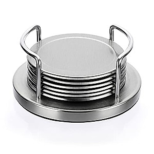 JUXYES Set of 6 Stainless Steel Round Coasters with Holder & Sponge Bottom, Silver Metal Cup Coasters Set Stunning Cool Coaster Cups Mats Decor for Restaurant Kitchen bar Dining Table