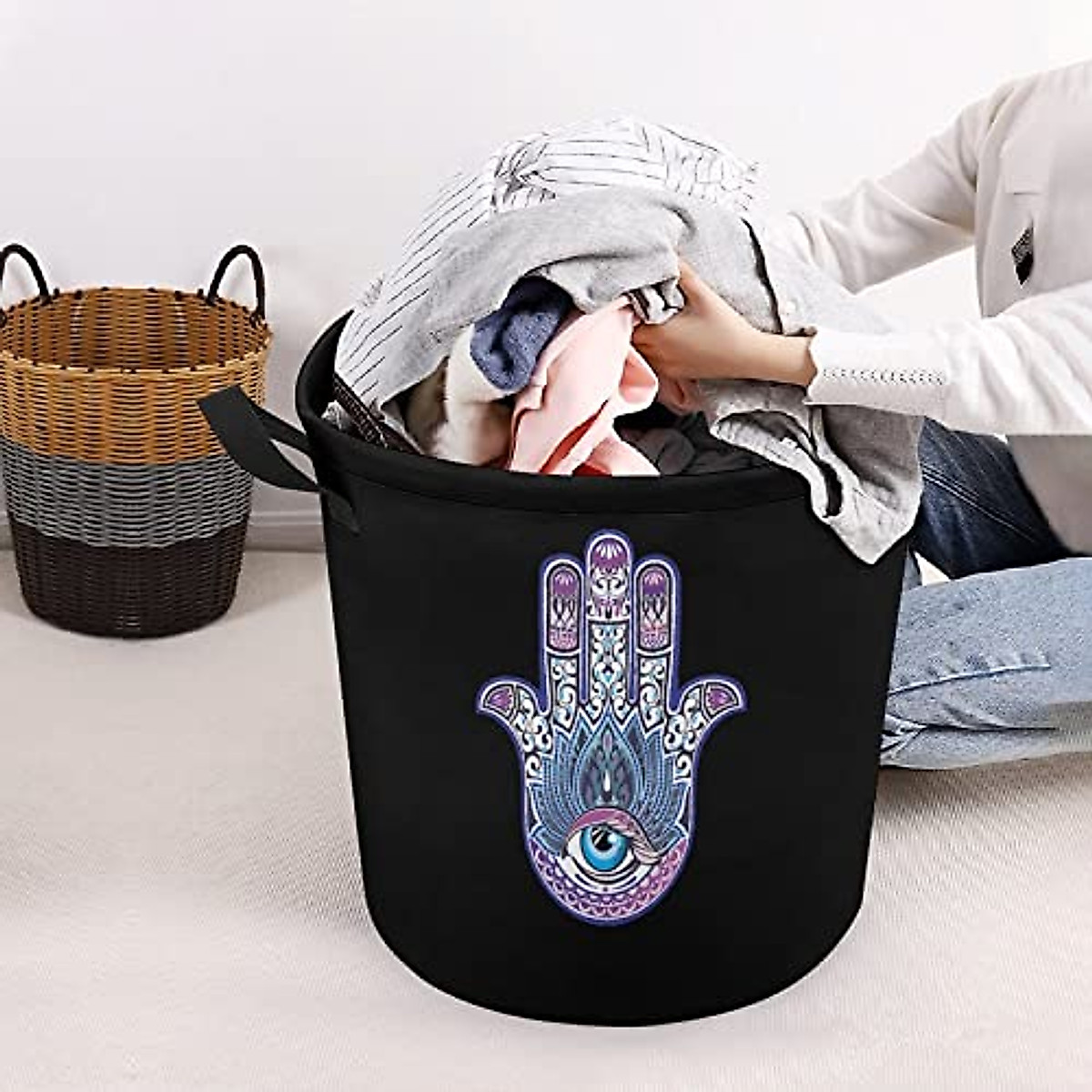 Tribal Fatima Hand Large Laundry Basket Hamper Bag Washing with Handles for College Dorm Portable