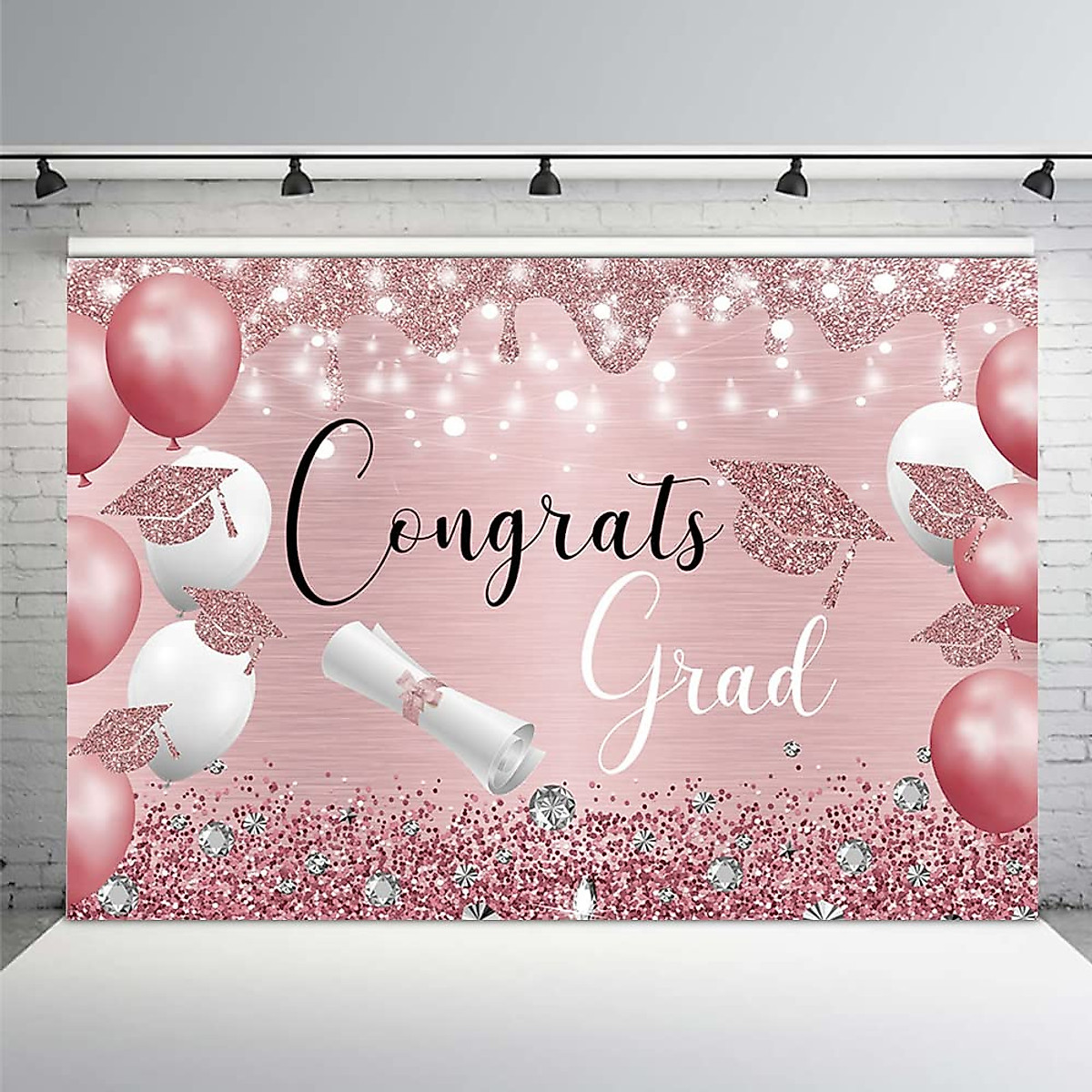 MEHOFOND 7x5ft Rose Gold Congrats Grad Backdrop Graduation Decorations Class of 2024 Ceremony Banner Pink and White Balloons Prom Supplies Photography Studio Props
