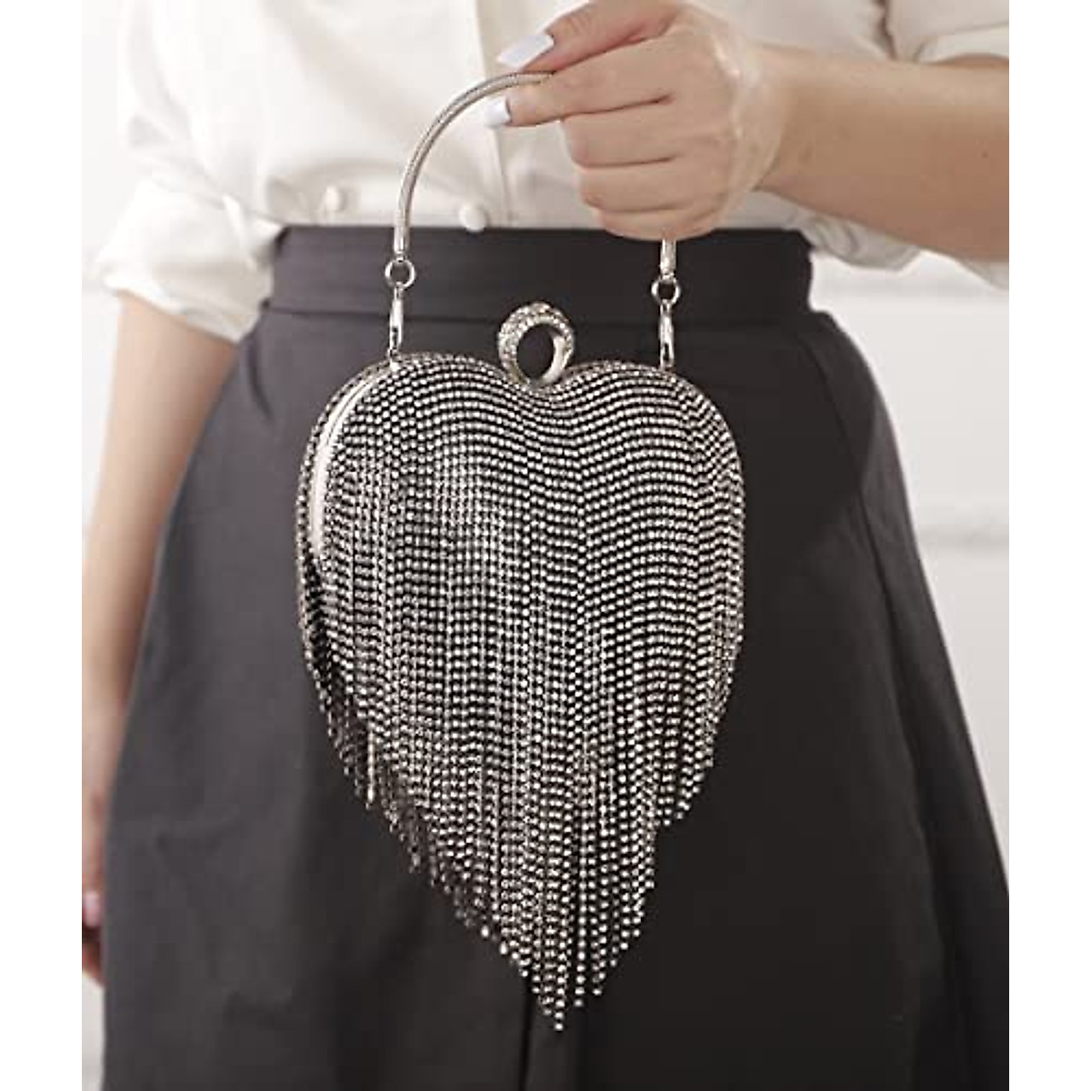 Sither Rhinestone Tassel Handbag Purses for Women Evening Handbag Purses Heart Shape Clutch Purses Sparkly Clutches Shoulder Chain Bags for Party Prom Christmas Gift (black)