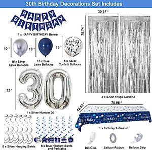 30th Birthday Decorations for Him, Blue and Silver 30th Birthday Party Decorations for Men, Happy Birthday Banner 30th Birthday Balloons Tablecloth Fringe Curtains Hanging Swirls Bday Party Supplies