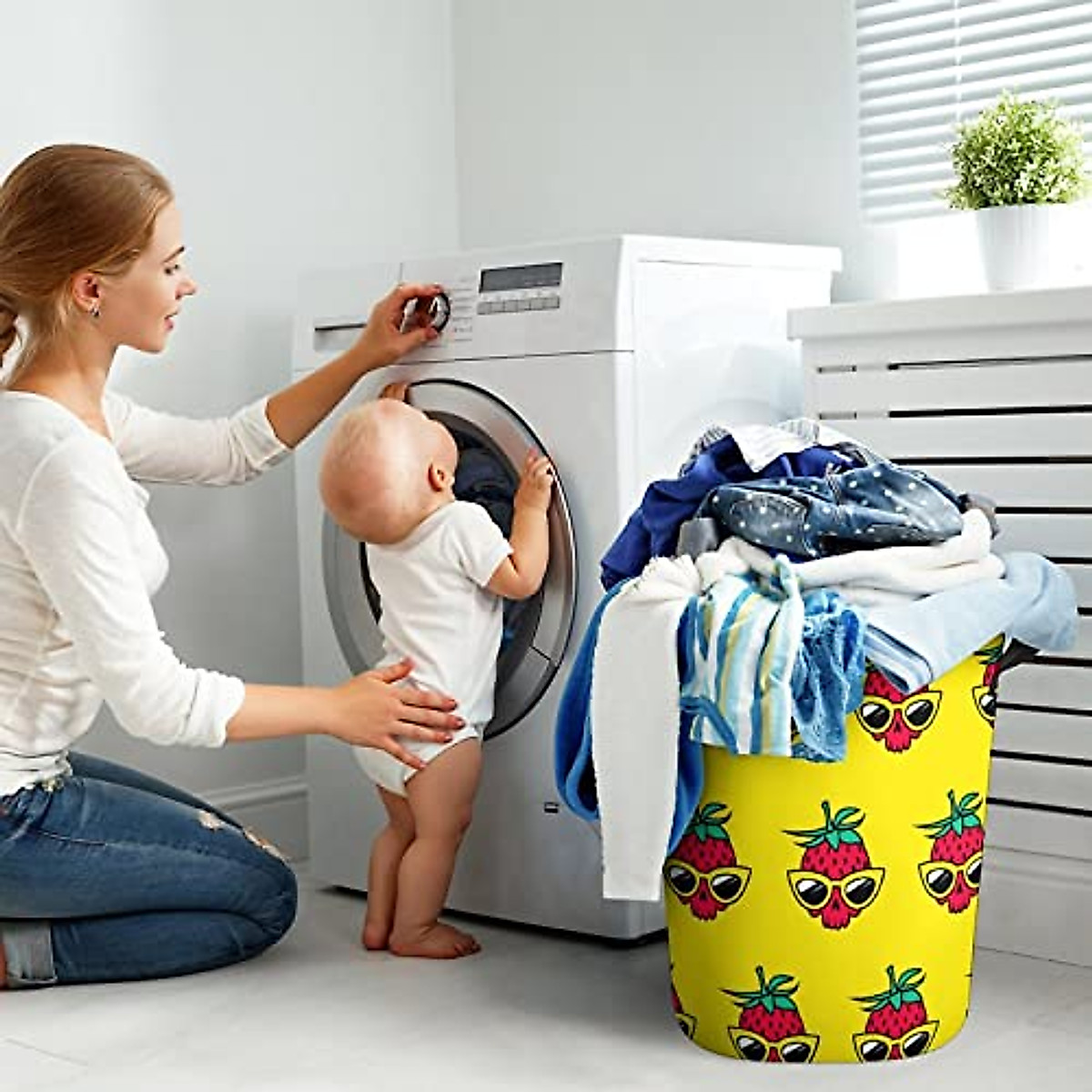 Skull Strawberry Large Laundry Basket Hamper Bag Washing with Handles for College Dorm Portable