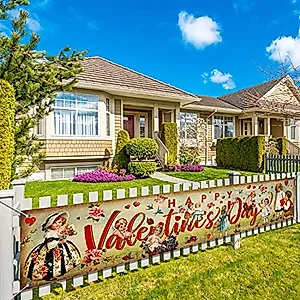 Large Happy Valentine's Day Banner Decorations Vintage Red Heart Valentine's Day Yard Sign Banner for Valentines Themed Party Anniversary Wedding Decor Supplies Indoor Outside