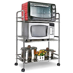JF-XUAN Kitchen Shelf Microwave Oven Rack 304 Stainless Steel Microwave Oven 3-shelf Storage Unit Wheel Space Saving Compatible with Microwave Oven Large Microwave Oven Rack (Color : Silver, Size :