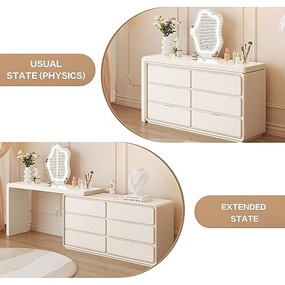 HOTICKME White Makeup Vanity Set, Modern Makeup Vanity with LED Mirror, Vanity Desk with Chair & Drawers & Cabinet, Dressing Table for Girls, Bedroom Dresser