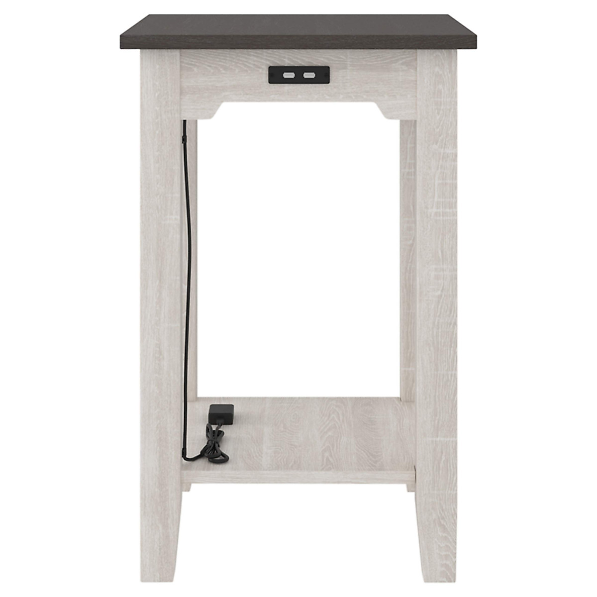 Signature Design by Ashley Dorrinson Square Chair Side End Table with Lower Fixed Shelf and USB Charging Port, Antique White & Brown