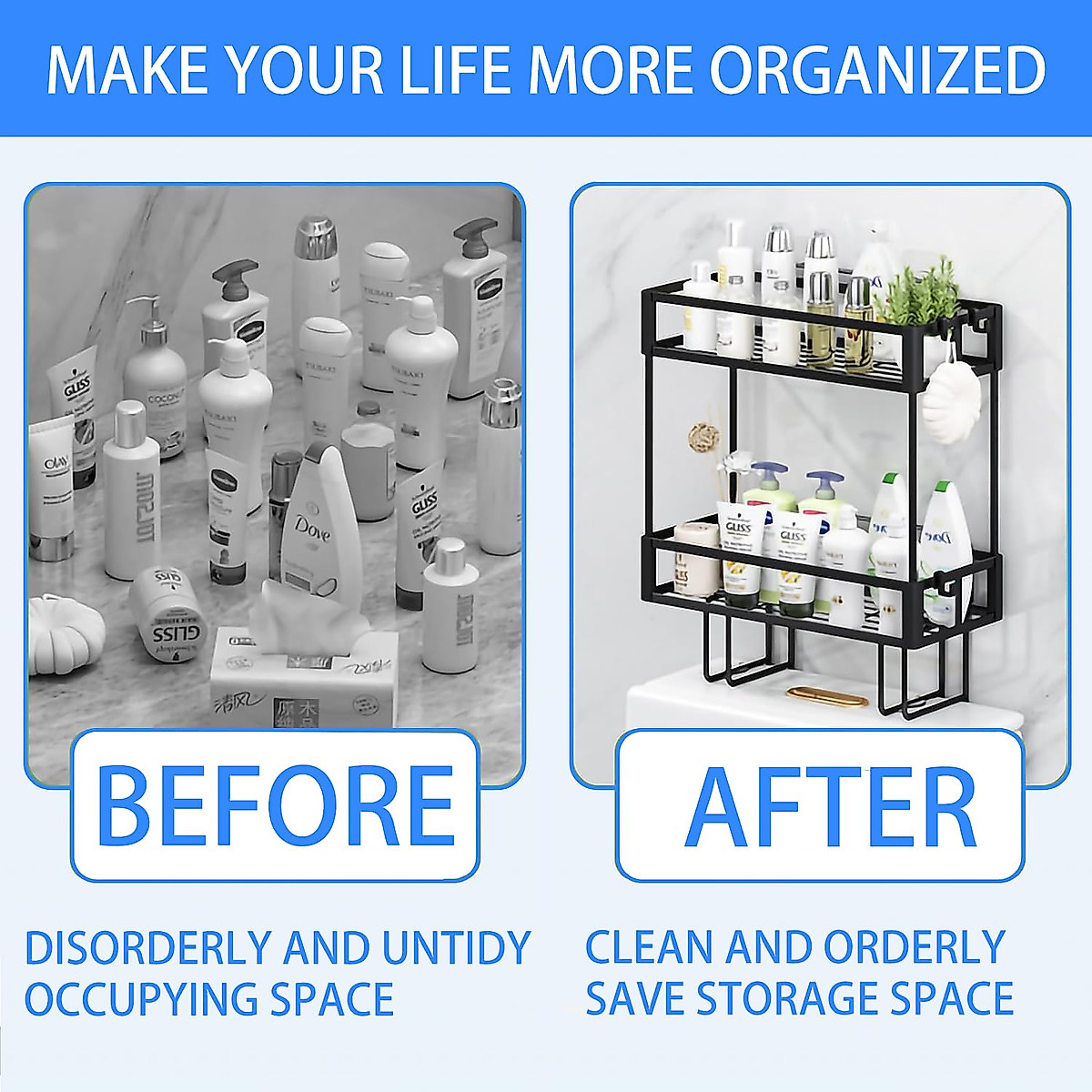 Bathroom Organizers and Storage,Over The Toilet Storage, Over Toilet Shelf Organizer,Behind Toilet Tank Bathroom Organizer Storage for Space Saving