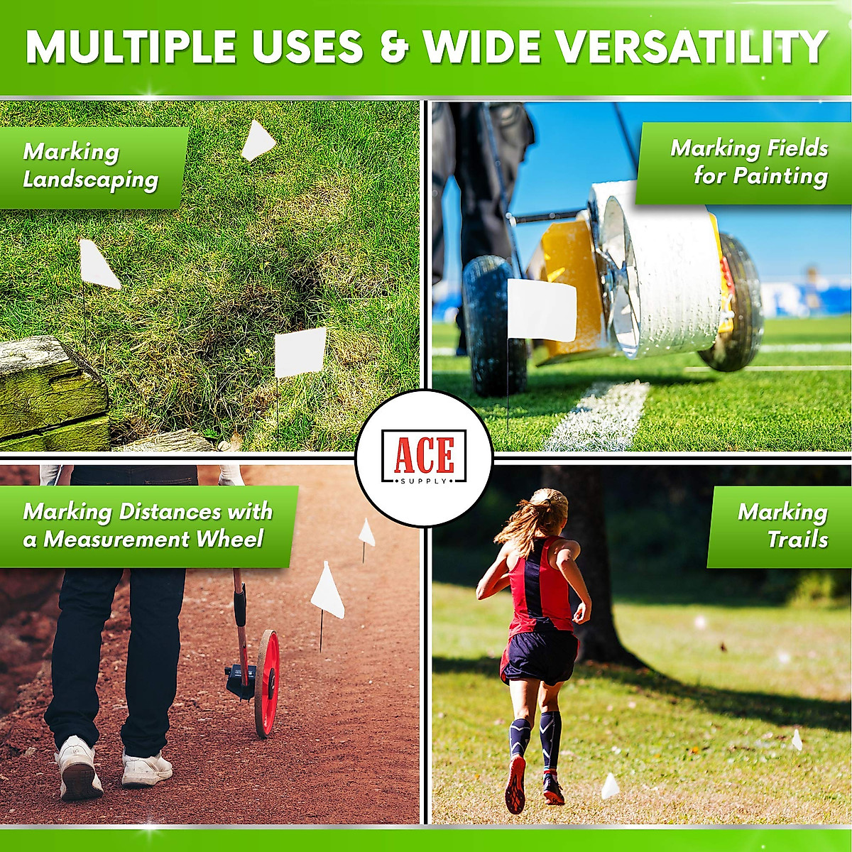 ACE Supply Marking Flags - 4 x 5-Inch Flag on 15-Inch Steel Wire - White, 100 Pack - Marker Flags for Irrigation, Sprinkler Flags, Lawn Flags, Yard Flags, Garden Flags, Dog Training, Invisible Fence