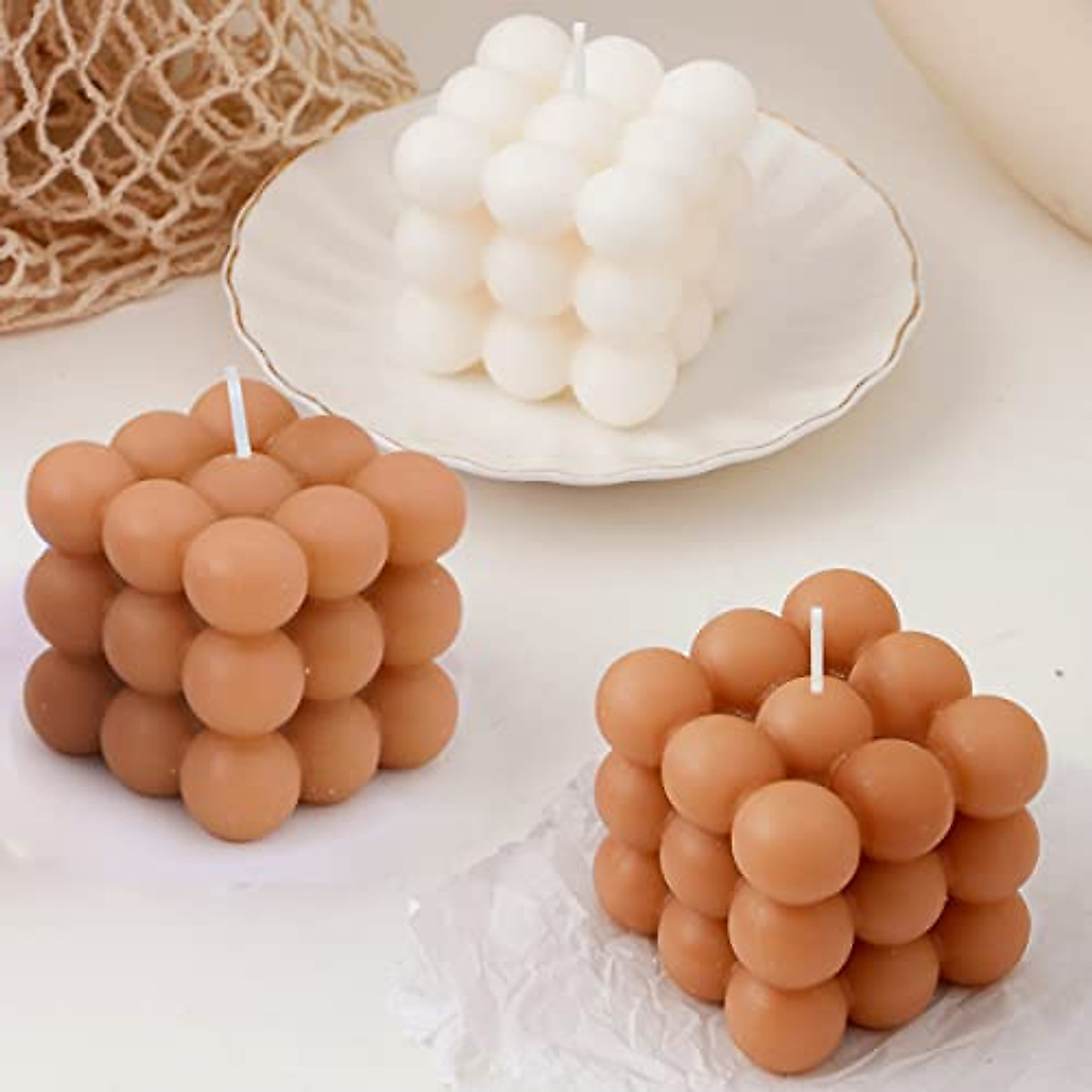 Bubble Candles Light Brown White Coffee Scented for Men & Women, Soy Cube Cute Shaped Small Bubble Candles Trendy Funny Cool Square Candle Aesthetic Shelf Coffee Table Decor