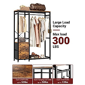 Lulive Clothes Rack, Heavy Duty Garment Rack for Hanging Clothes, Industrial Clothing Racks with Shelves, 2 Fabric Drawers, 4 Hooks, 2 Hanging Rods, Freestanding Closet Organizer, Rustic Brown
