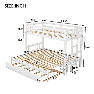 Harper & Bright Designs Twin Over King Bunk Beds with Trundle Bunk Beds Twin Over Twin Pull-Out Bunk Beds, Solid Wood, No Box Spring Needed (White)