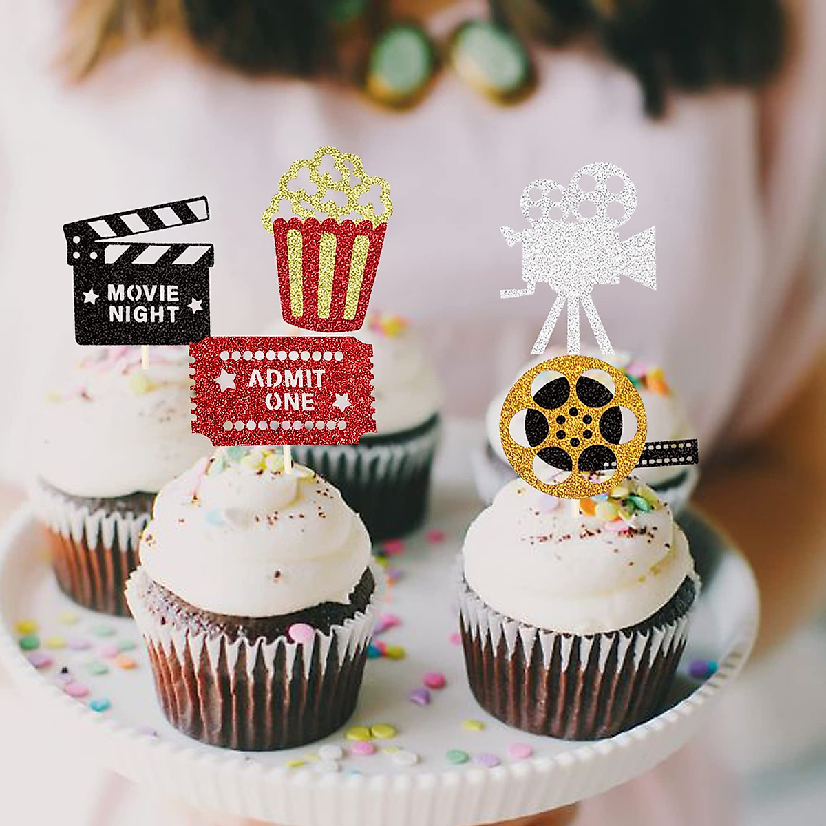 30 PCS Movie Cupcake Toppers Glitter Movie Night Roll Camera Popcorn Cupcake Picks for Hollywood Theme Baby Shower Kids Birthday Party Cake Decorations Supplies