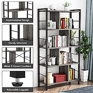 armocity Bookshelf, 5 Tier Tall Modern Bookcase Wood Metal Frame Standing Book Shelf, Display Bookshelves Storage Organizer for Bedroom Living Room Home Office, Grey