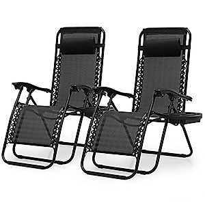 MoNiBloom 2 Pack Patio Zero Gravity Chair Outdoor Folding Adjustable Reclining Black Chairs Pool Side Beach Lawn Lounge Chair with Pillow and Cup Holder, 330lbs Capacity, Black