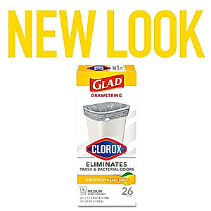 Glad Medium Drawstring Trash Bags with Clorox, 8 Gallon, Lemon Fresh Bleach Scent, 26 Count