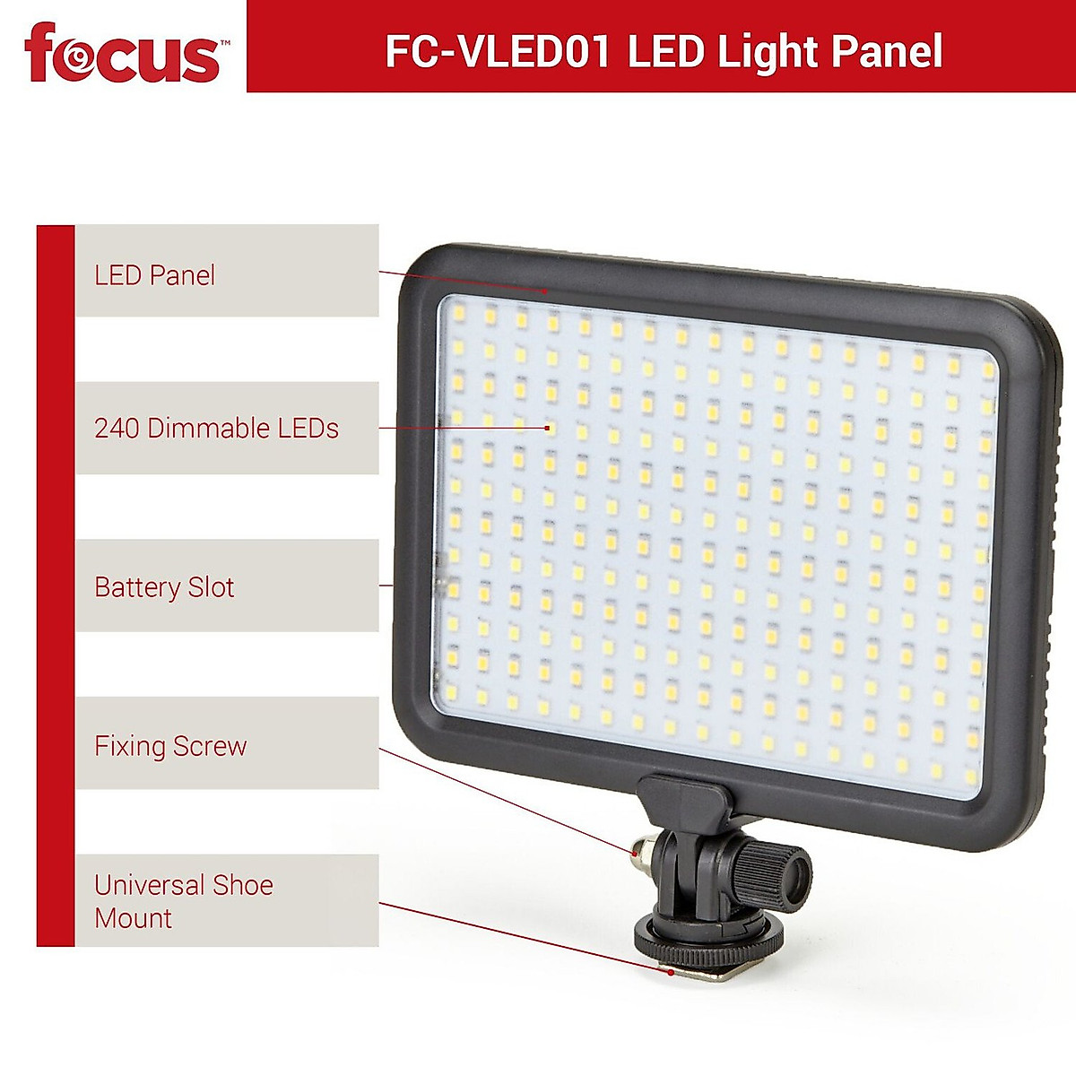 Focus Camera Video Light – 204 LED Dimmable, Ultra Slim and High Power On-Camera Lighting Panel - Built-in Color Temperature Switch – Universal Hot Shoe for Sony, Canon, Nikon, Pentax, DSLR Cameras