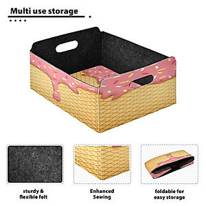 Kigai Ice Cream Cone Storage Basket, Foldable Open Storage Bins with Double Handle, Felt Storage Boxes for Office Desk, Rectangular Closet Organizer Containers for Home Bedroom