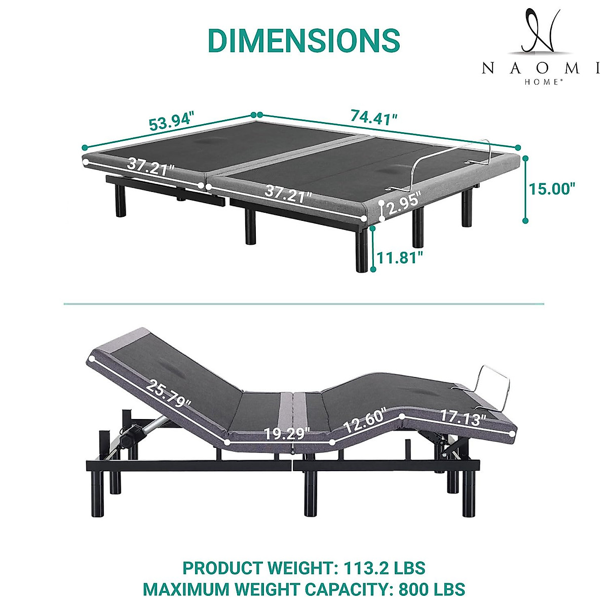 Naomi Home Idealbase Adjustable Bed Frame Full with Lumbar Support & Head Tilt, Foot Incline, Back & Leg Massage, USB Ports, Massage Bed with Wireless Remote, Ergonomic Zero-Gravity Smart Bed