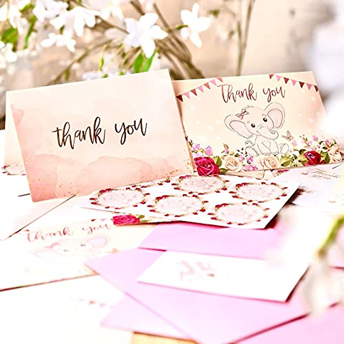 Baby Shower Thank You Cards - Set of 48 Cute Baby Thank You Cards with Envelopes and Stickers - Adorable 4x6 Small Blank Thank You Notes for Boy or Girl - Gold Floral and Pink Elephant Theme