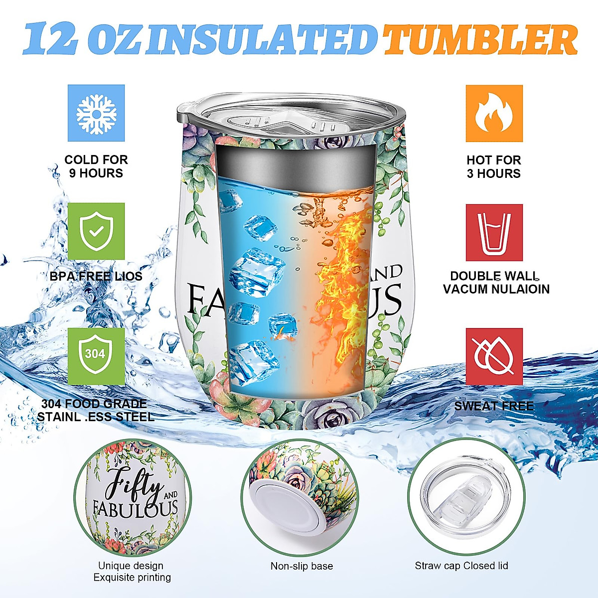 Irenare 50th Birthday Gifts for Women Fifty Fabulous Gifts for Her Happy 50th Birthday Gifts for Grandma Mom Sister Wife Aunt Friends Wine Glass Cosmetic Bag for Woman Birthday Gift(Fresh Style)