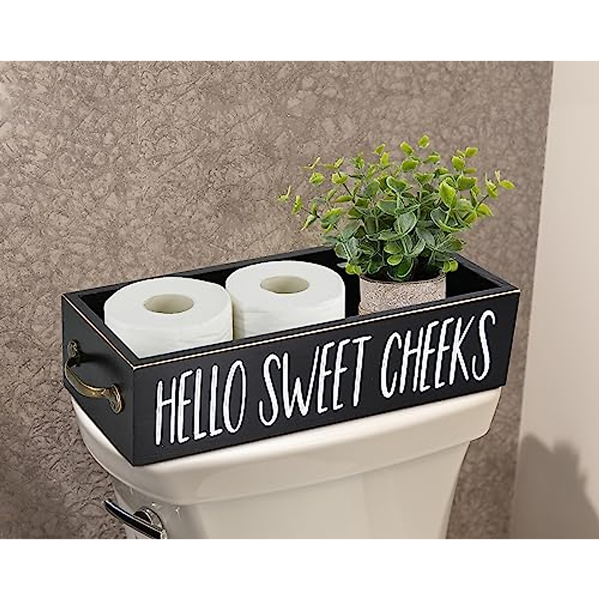 Bathroom Decor Box 2 Sides Funny Toilet Paper Holder Wood Tank Box Over Toilet Paper Storage Basket with Metal Handle Rustic Bathroom Paper Organizer Box with Funny Sign Farmhouse Home Decor Box