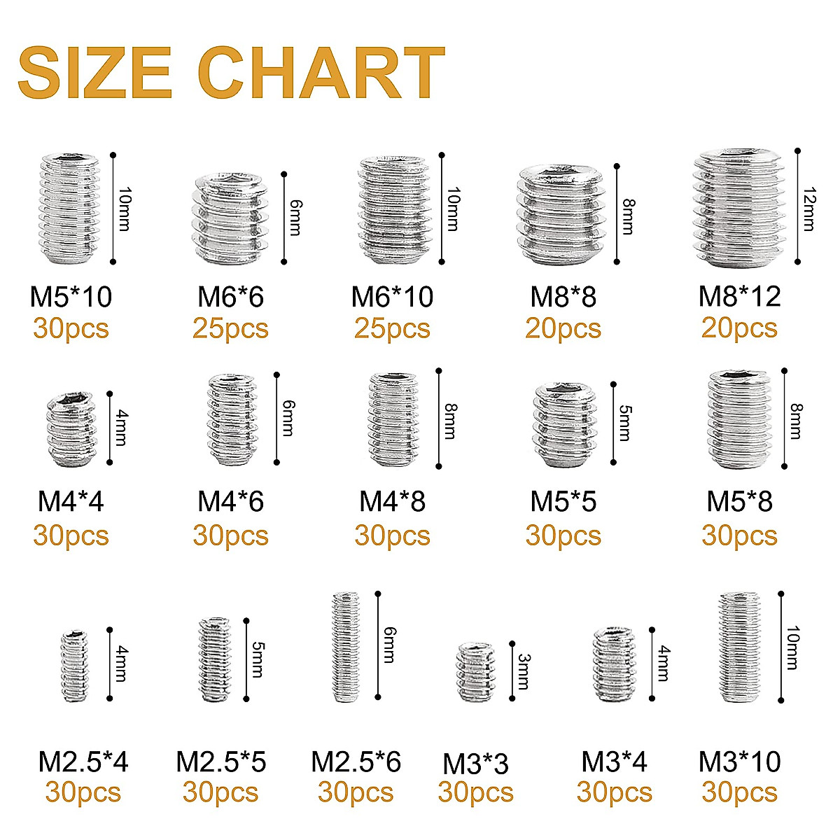 VIGRUE 450PCS M2.5/M3/M4/M5/M6/M8 Hex Allen Head Socket Set Screw Bolts Assortment Kit Grub Screw with Internal Hex Drive, 304 Stainless Steel