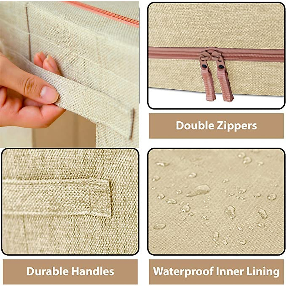 2 pack 66L foldable stackable storage box, steel frame clothes bag, bedroom container with 2 clear windows, 3 steel frames, 2 zippers, 2 reinforced handles ,thick linen fabric, waterproof,(2X66L, beige) for closet, comforters, blankets, bedding, quilt.