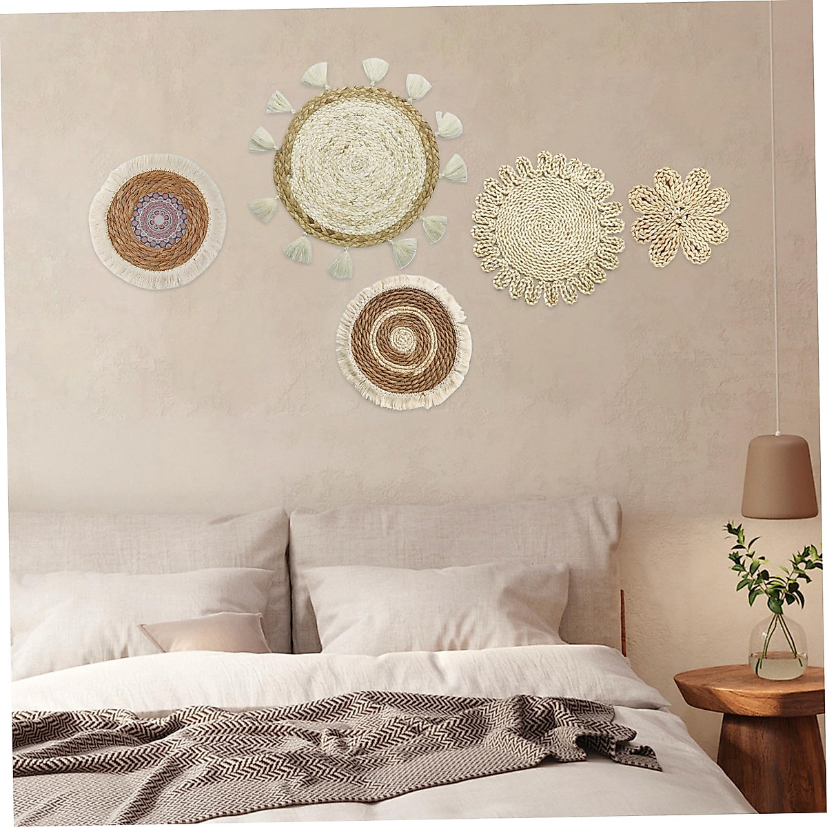 Woven Wall Basket Boho Wall Art 5PCS Round Bohemian Macrame Wall Hanging Straw Wall Decor 8in/10in/12in/15in Wall Basket Decor for Living Room