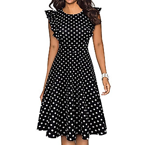 YATHON Women's Vintage Ruffle Floral Flared A Line Swing Casual Cocktail Party Dresses (S, YT001-Black Dot)