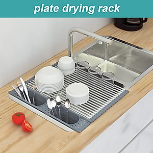 AIANDE Roll Up Dish Drying Rack 17x16.4 inch with 2 Extra Foldable Utensil Holder, 304 Stainless Steel Roll Over Sink Dish Drying Rack for Kitchen, Anti-Slip Silicone Dish Drying Rack