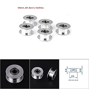 Timing Belt Pulley,5pcs 6 Different Sizes 2GT 6mm Wide Belt Timing Pulley 20T 5mm Bore 3D Printer Accessary (W6mm, 20T, Bore 5, Toothless)