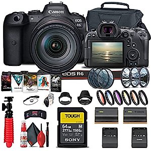Canon EOS R6 Mirrorless Digital Camera with 24-105mm f/4L Lens (4082C012) + 64GB Tough Card + Color Filter Kit + Case + Filter Kit + Photo Software + LPE6 Battery + External Charger + More (Renewed)