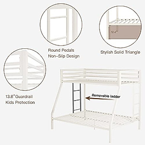 ikalido Metal Bunk Bed, Twin Over Full Size Beds with Sturdy Guard Rail & Removable Ladder, Space-Saving/Noise-Free/Matte White