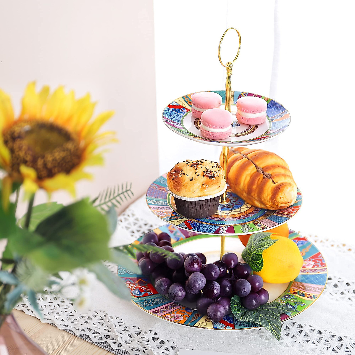 fanquare 3 Tier Vintage Porcelain Cupcake Stand, Green Dessert Stand, Cake Tower, Tea Cake Stand for Birthday, Baby Shower