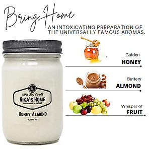 Nika's Home Honey Almond Soy Candle 12oz Mason Jar Non-Toxic White Soy Handmade, Long Burning 50-60 Hours Highly Scented All Natural, Clean Burning Large Candle Gift Décor