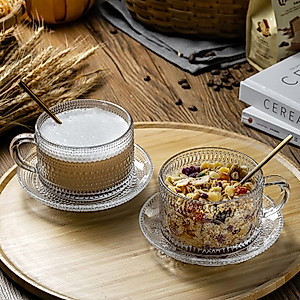 Gezzeny Vintage Coffee Mugs with Saucers 14 Oz Set of 2 Embossed Glass Cups, Tea Cups, Glass Coffee Cups for Cappuccino, Latte,Cereal, Beverage Birthday Valentine's Day Gifts