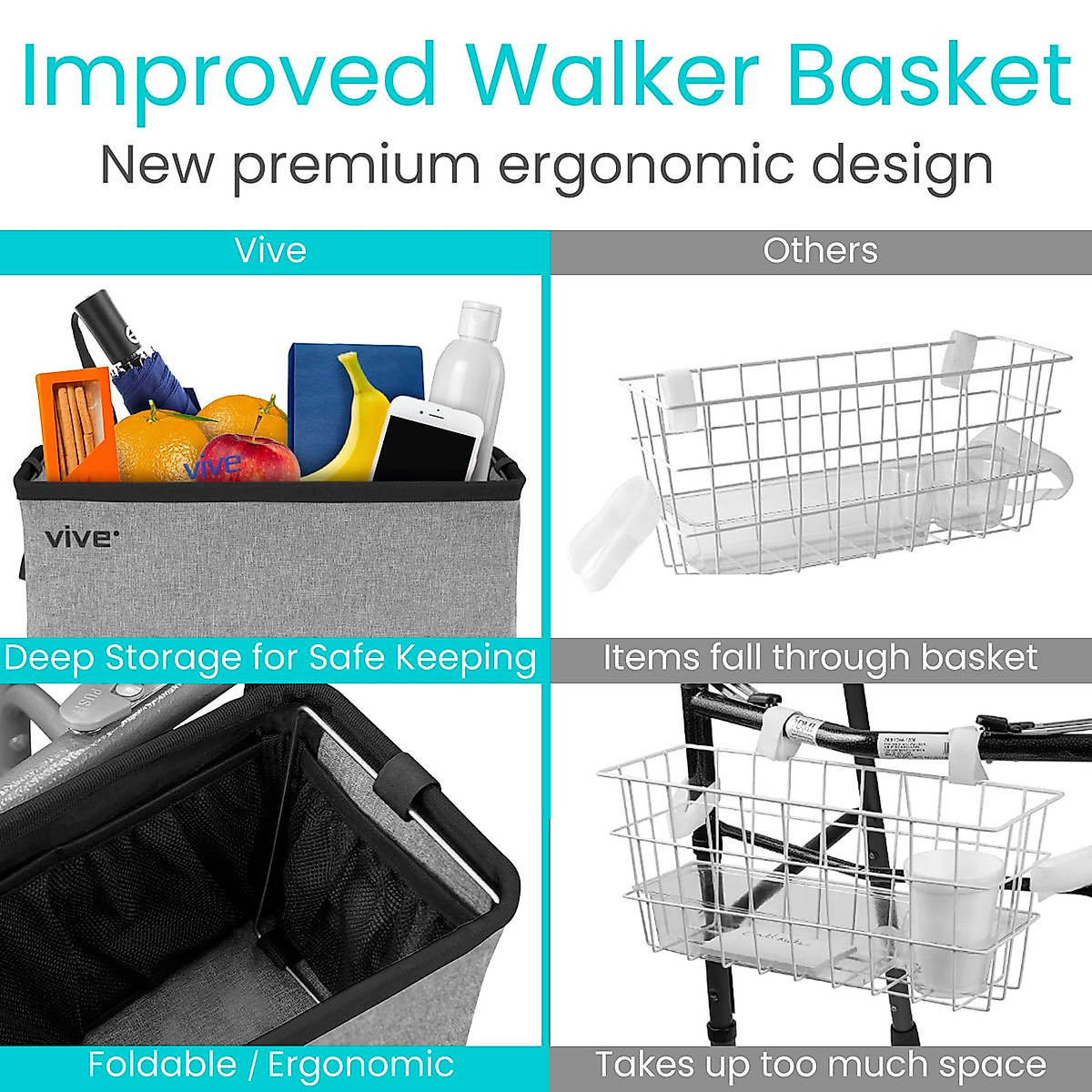 Vive Walker Basket Accessories Bag - Tray for Folding Walker with Water Cup Holder & Pockets - Universal Large Capacity Storage Container for Seniors, Elderly - Storage Mobility Aid Pouch (Gray)