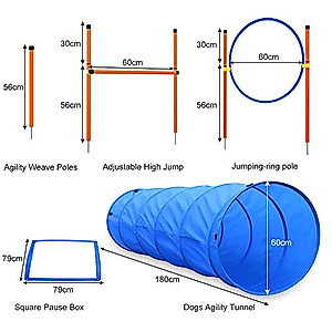 XiaZ Dog Agility Equipments, Obstacle Courses Training Starter Kit, Pet Outdoor Games for Backyard Includes Dog Tunnel, Jumping Ring, High Jumps, 4 Pcs Weave Poles, Pause Box with Carrying Case