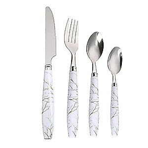 24-Piece Set of Marble pattern Handle Cutlery Set Kitchen Silverware Tableware Main Stainless Steel Knife and Fork Spoon Commercial Steak Coffee Western Tableware (White)