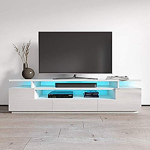 MEBLE FURNITURE & RUGS Eva 77" Modern High Gloss TV Stand with 16 Color LEDs (White)