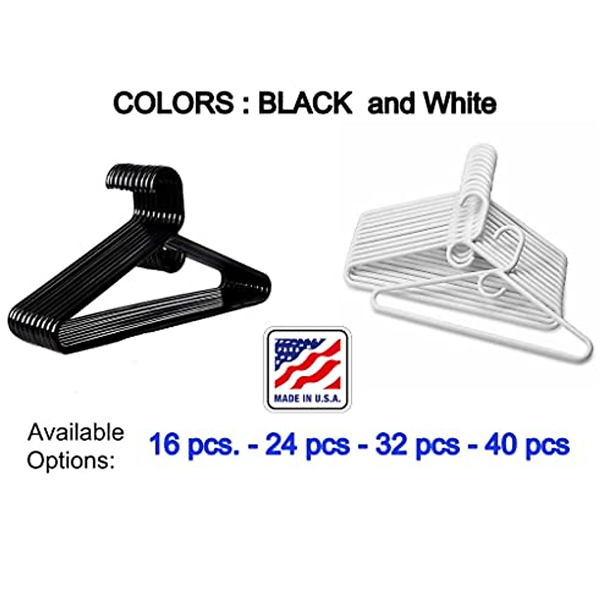 Plastic Hangers HD Heavy Duty, 16 Pcs. Black Color, Made in USA, 3/8” Thickness, Durable, Tubular, Lightweight, for Clothes, Coat, Pants, Shirts, Dress and More, TINEFF, Free and Quick delivery.