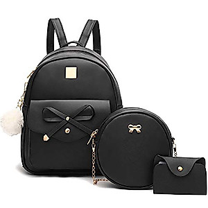 I IHAYNER Girls Bowknot 3-Pieces Fahsion Leather Backpack Backpack Purse for Women Rucksack for Ladies Shoulder Bag Black