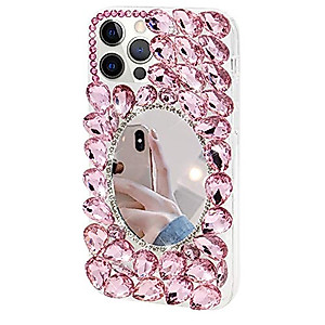 Crystal Mirror Case for iPhone 13 Pro,Luxury Sparkle Bling 3D Diamond Rhinestone Phone Case Women Girls Makeup MOIKY Clear Slim Shockproof TPU Bumper Protective Cover for iPhone 13 Pro(Pink)