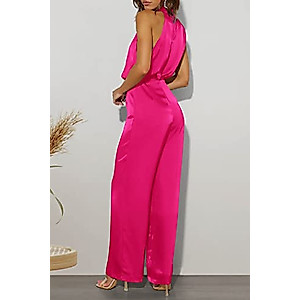 PRETTYGARDEN Women's Satin Jumpsuits 2024 Summer One Piece Outfits Mock Neck Sleeveless Wide Leg Pants Rompers (Rose Red,Medium)