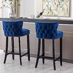 J&K Set of 2 Upholstered Wing-Back Counter Chair with Backstitching Nailhead Trim and Solid Wood Legs (Blue)