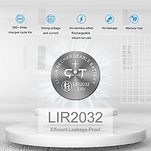 CT-ENERGY Rechargeable LIR2032 Batteries 3.6V Lithium Ion Button Coin Cell Batteries 2PCS AirTag Key Fobs Watch Battery Replacing