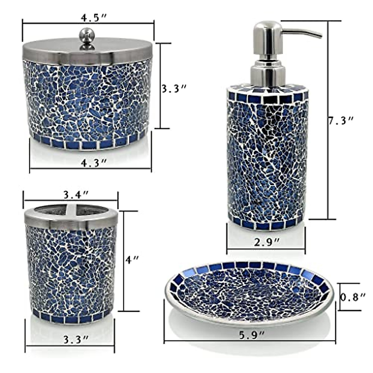 LushAccents Bathroom Accessories Set, 5-Piece Decorative Glass Bathroom Accessories Set, Soap Dispenser, Soap Tray, Vanity Tray, Jar, Toothbrush Holder, Elegant Midnight Blue Mosaic Glass