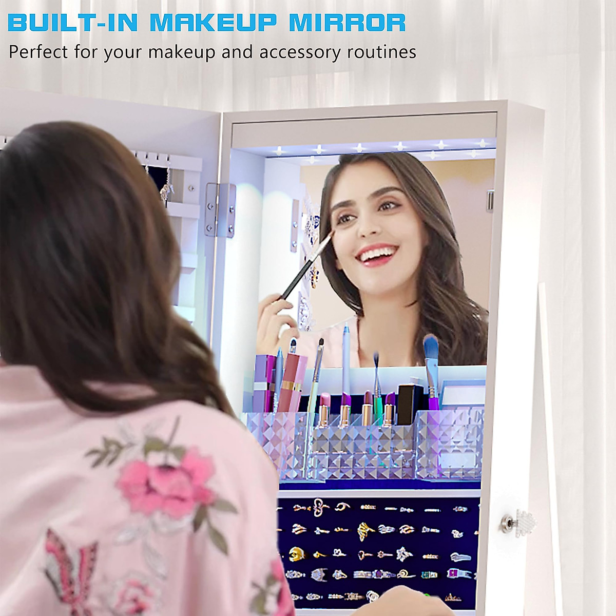 Lvifur 360° Rotating 64'' Jewelry Armoire with 6 LEDS, Full Length Mirror Large Capacity Jewelry Organizer Armoire, Lockable Floor Standing Mirror with 4 rollers for Bedroom, Cloakroom