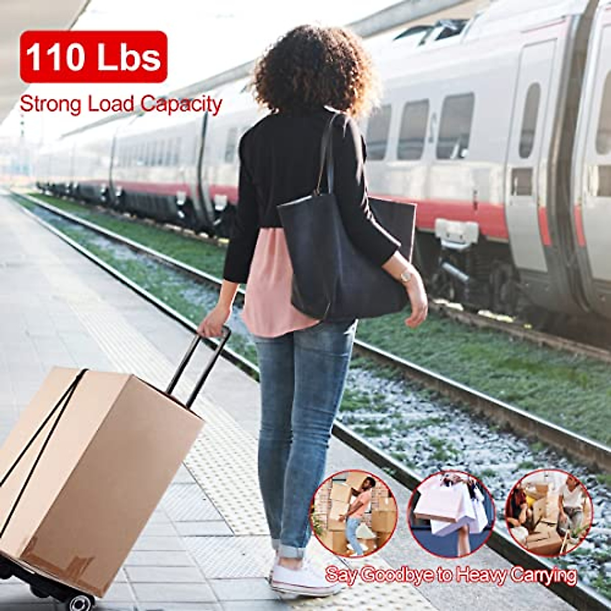 Double Rhombus Folding Hand Truck Lightweight Portable Cart, 110 lbs/50kg Capacity Heavy Duty Utility Cart with Telescoping Handle, 2 Rubber Wheels, Bungee Cord for Luggage, Shopping, Moving Daily Use